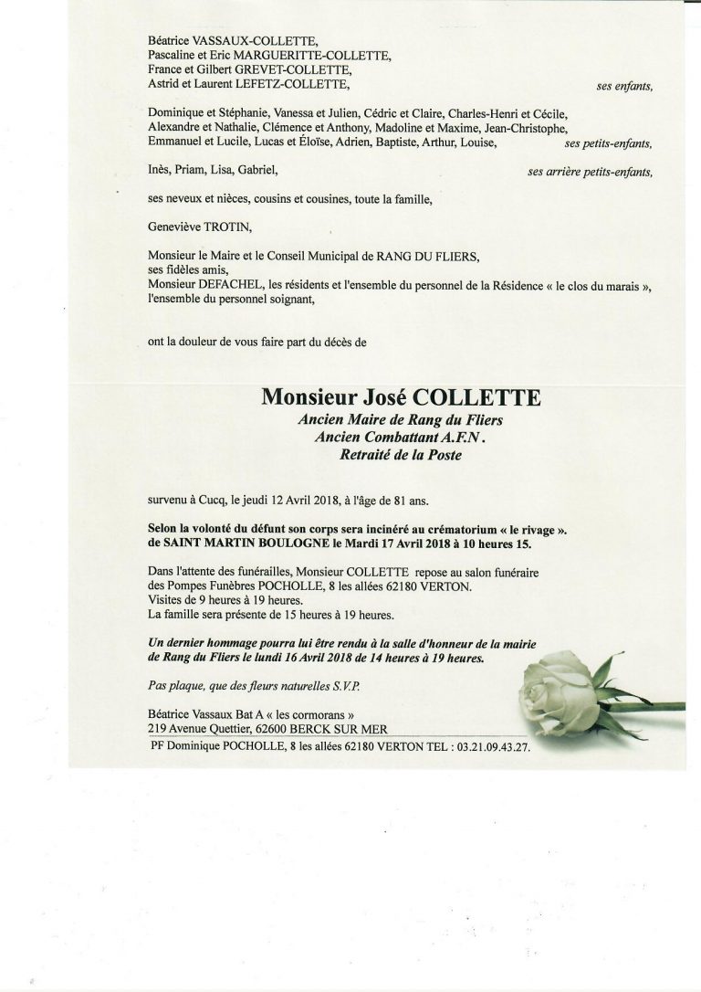 Avis de décès Monsieur José COLLETTE