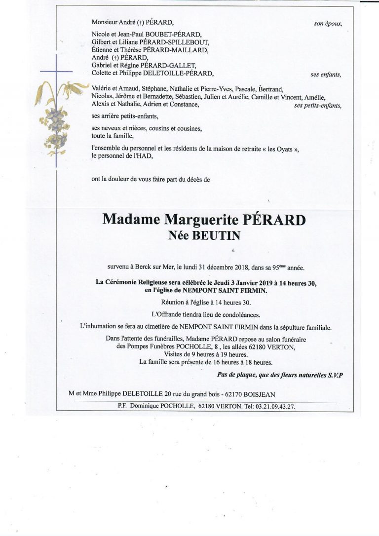 Avis De Décès Marguerite PÉrard Née Beutin