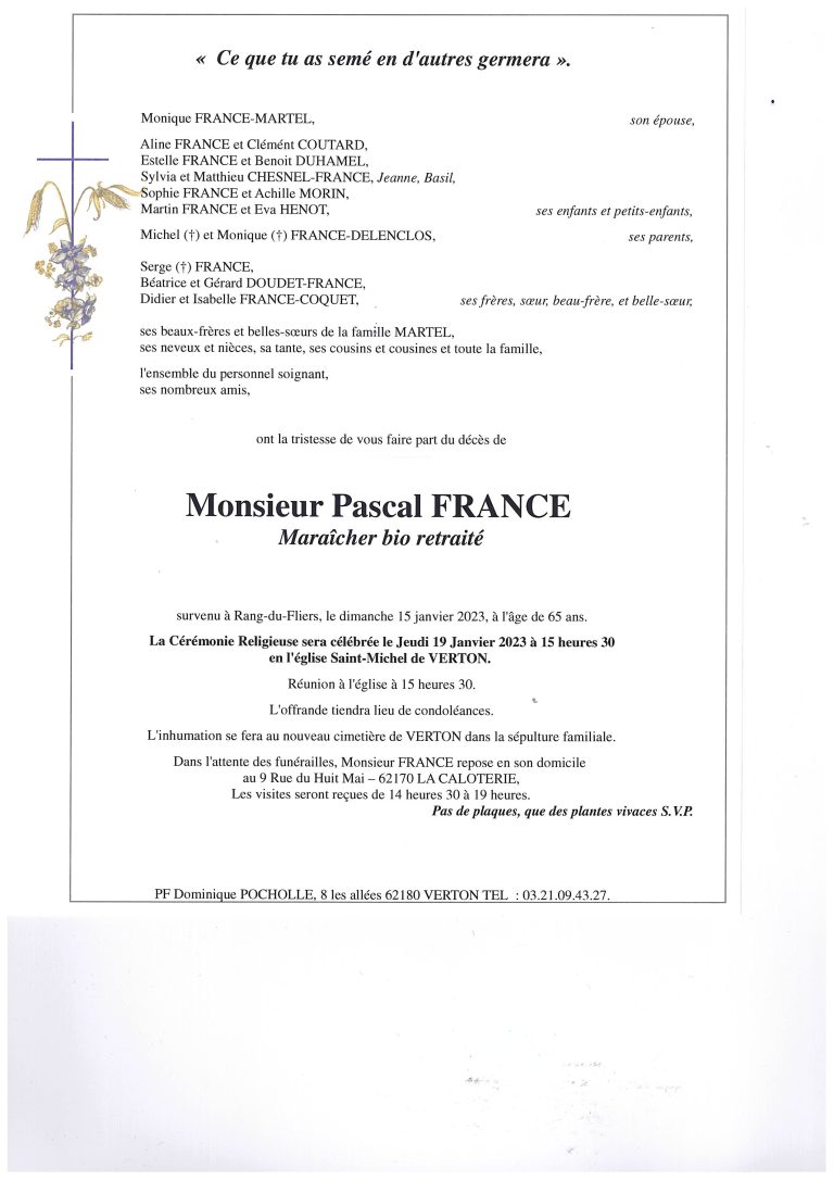 Avis de décès Pascal FRANCE